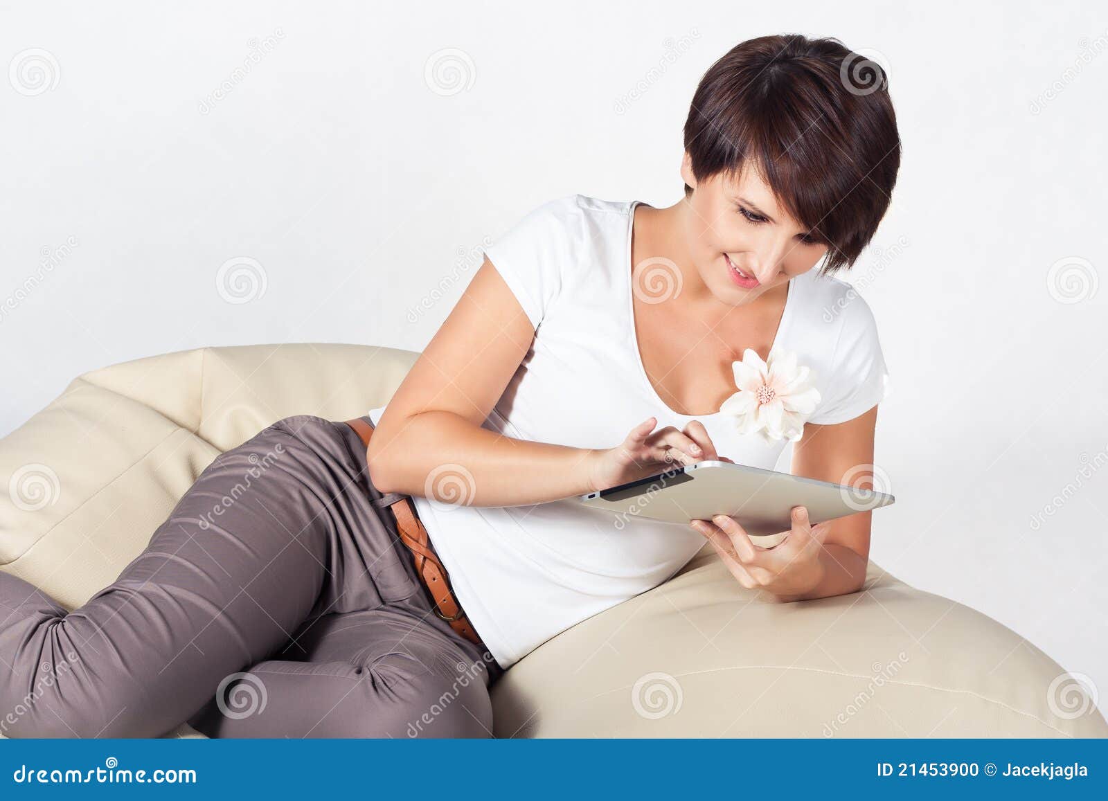 Young woman using iPad stock photo. Image of female, notebook - 21453900