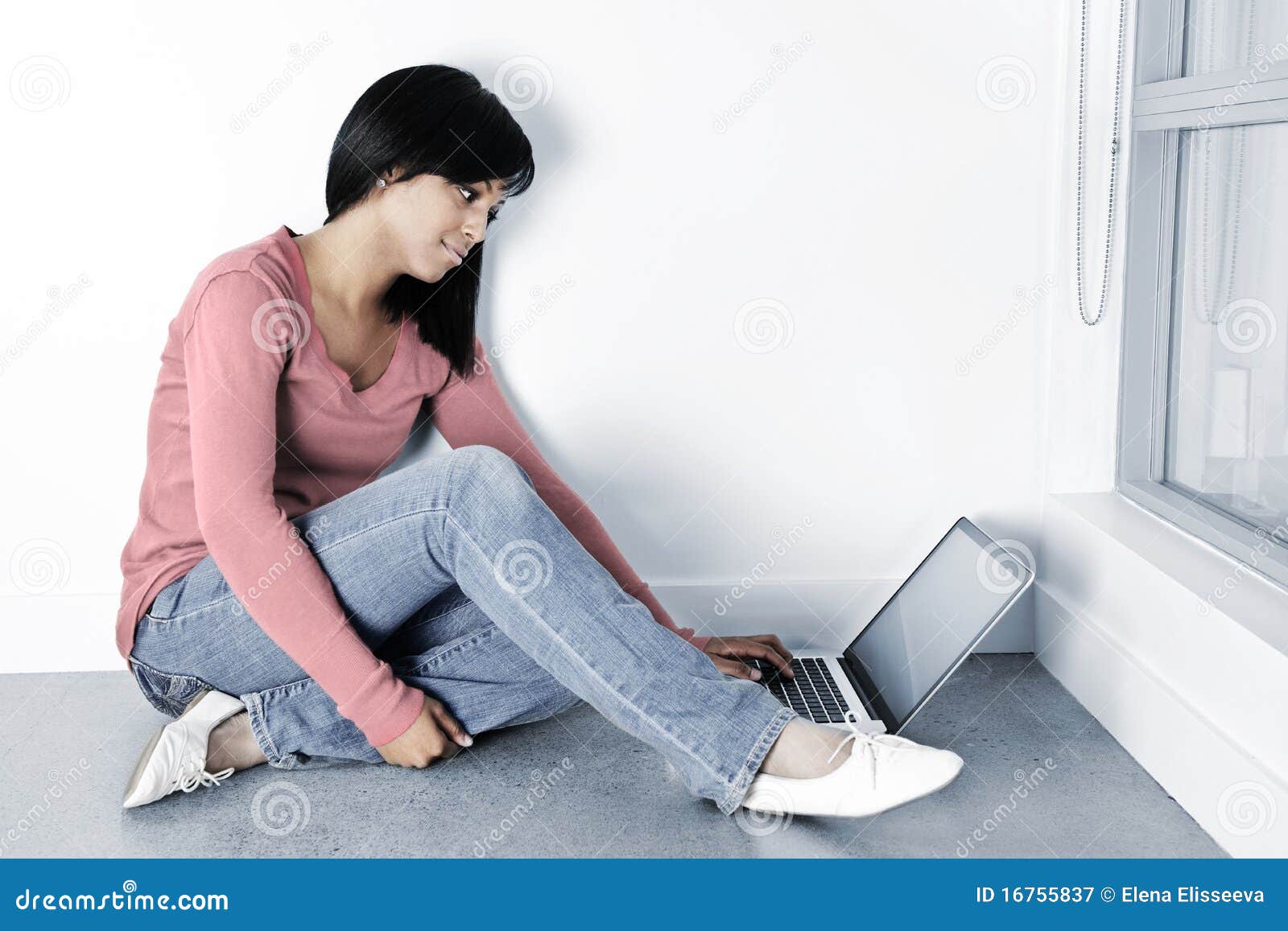Young Woman Using Laptop Computer on Floor Stock Image - Image of ...
