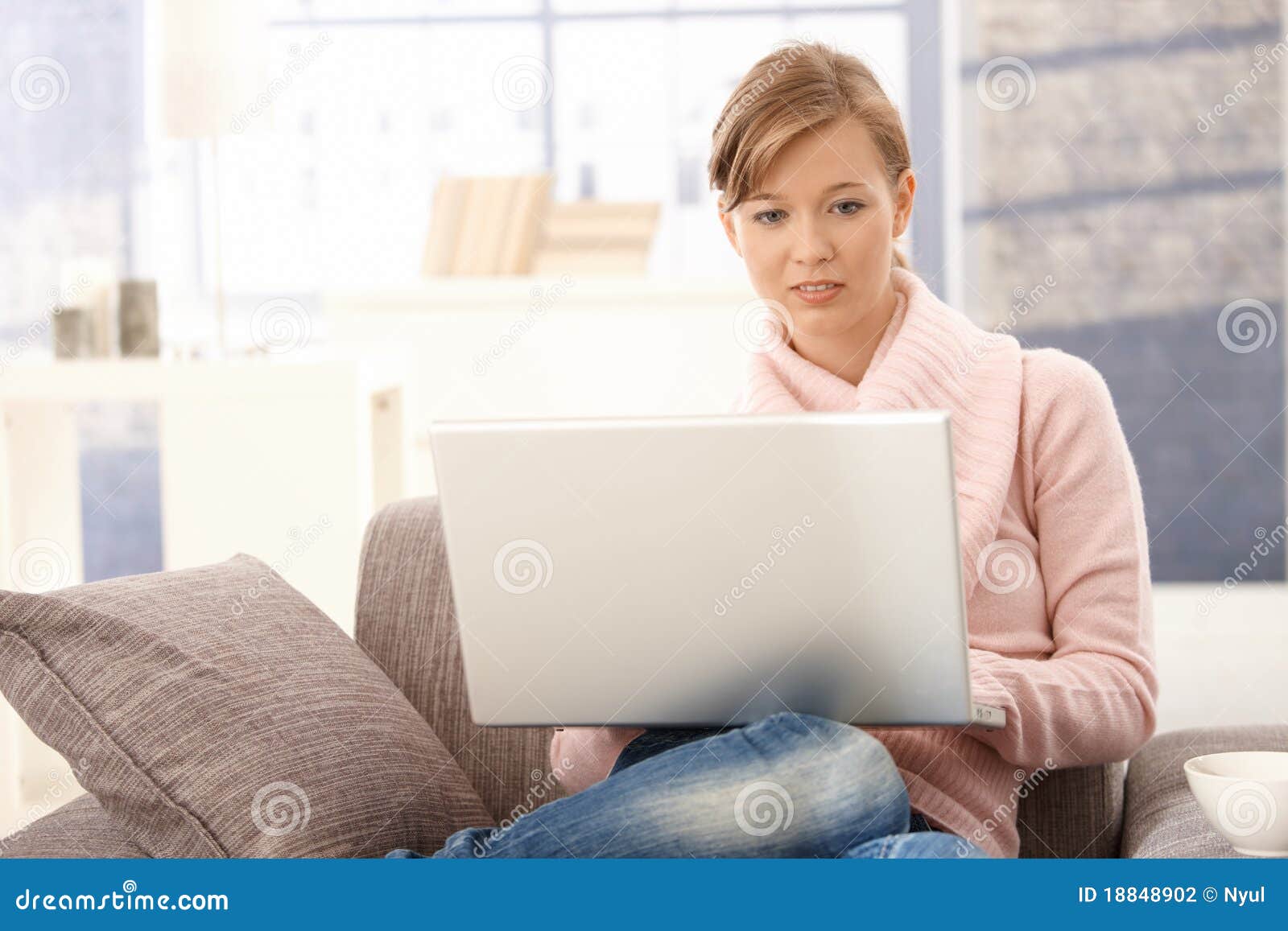 Young Woman Using Laptop at Home Stock Photo - Image of laptop, indoor ...