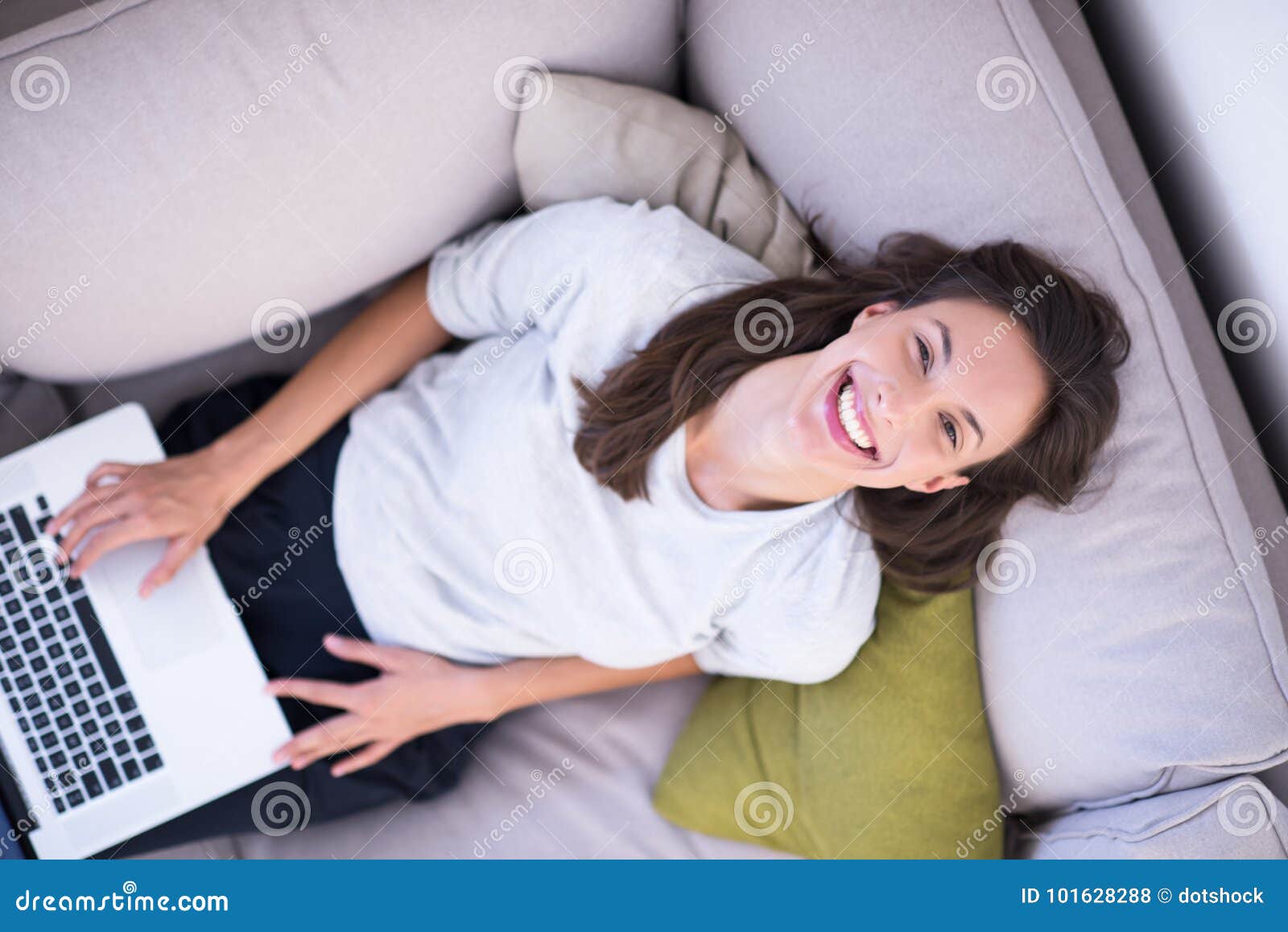 Young Woman Using Laptop at Home Top View Stock Photo - Image of ...