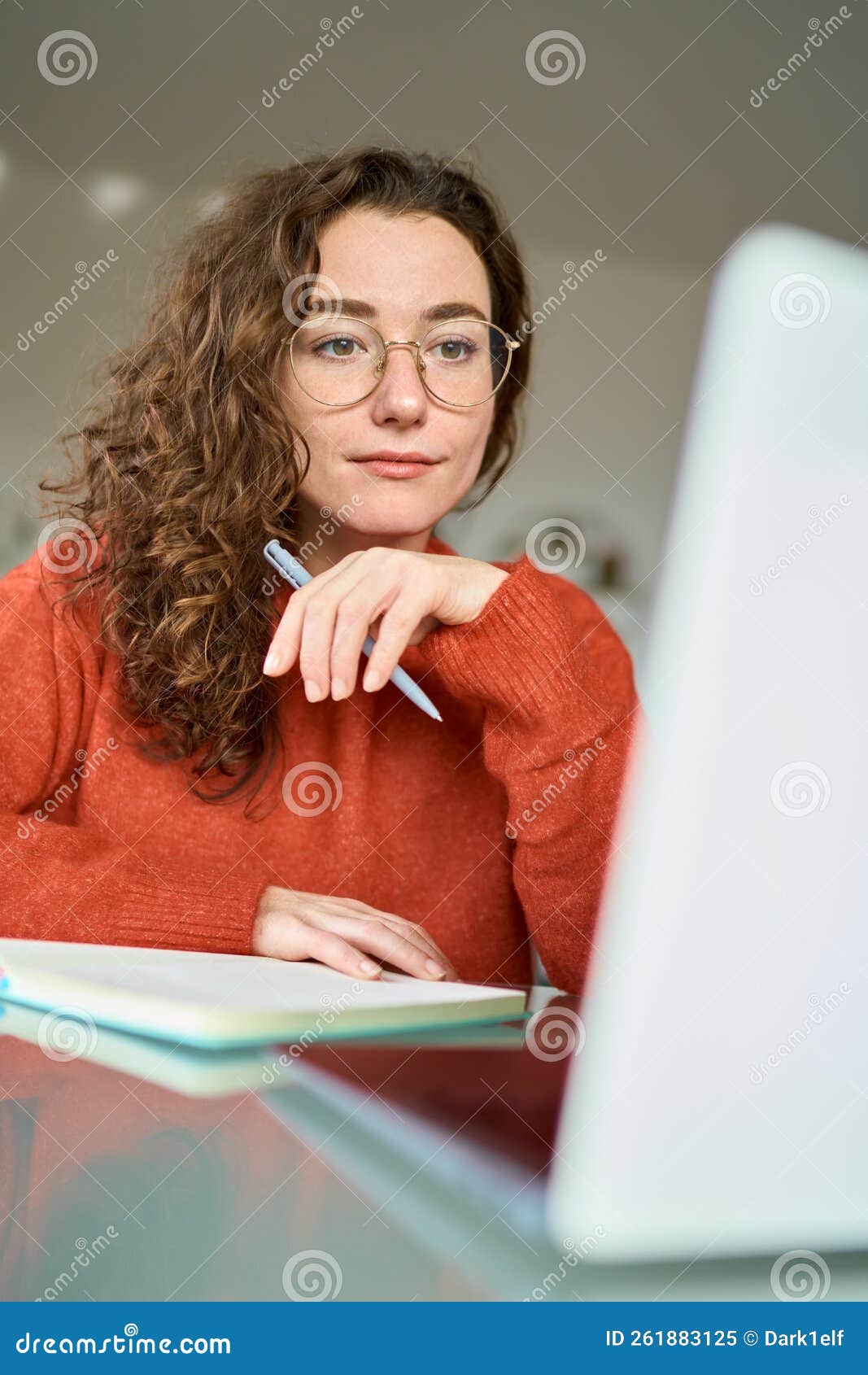 Young Woman Using Laptop Looking at Computer Elearning Watching Webinar ...