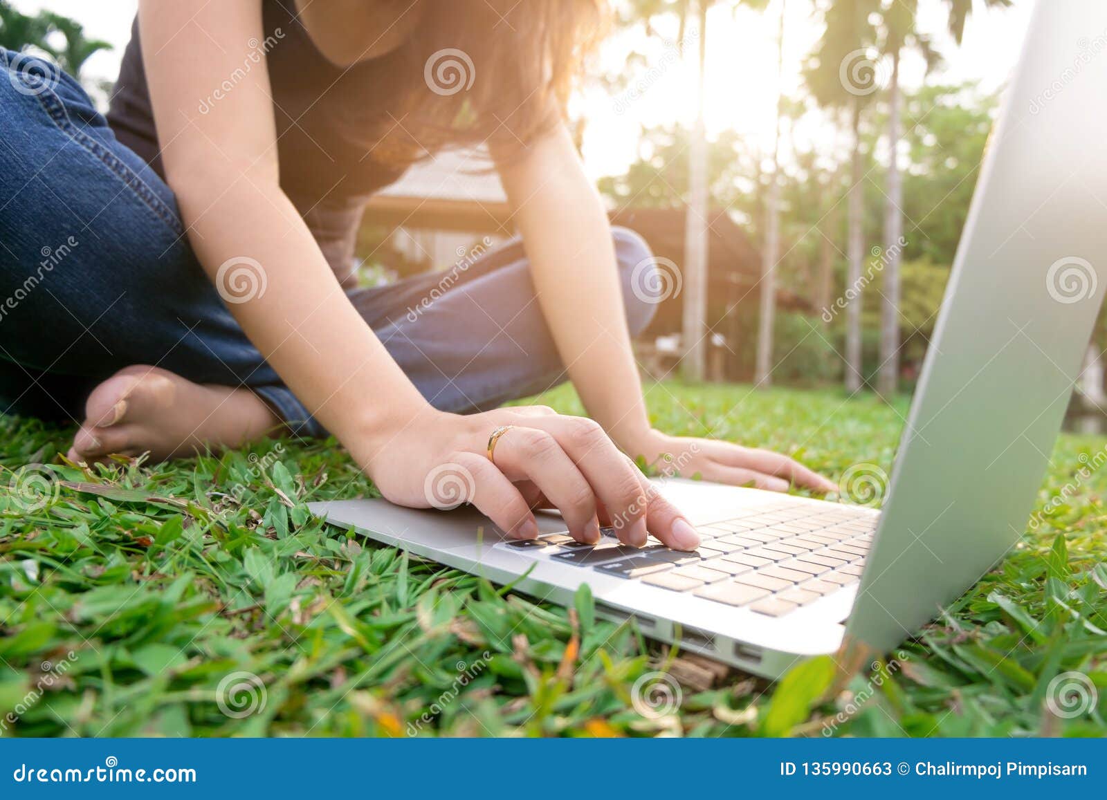 Young Woman Using Laptop at a Outdoors Stock Image - Image of campus ...