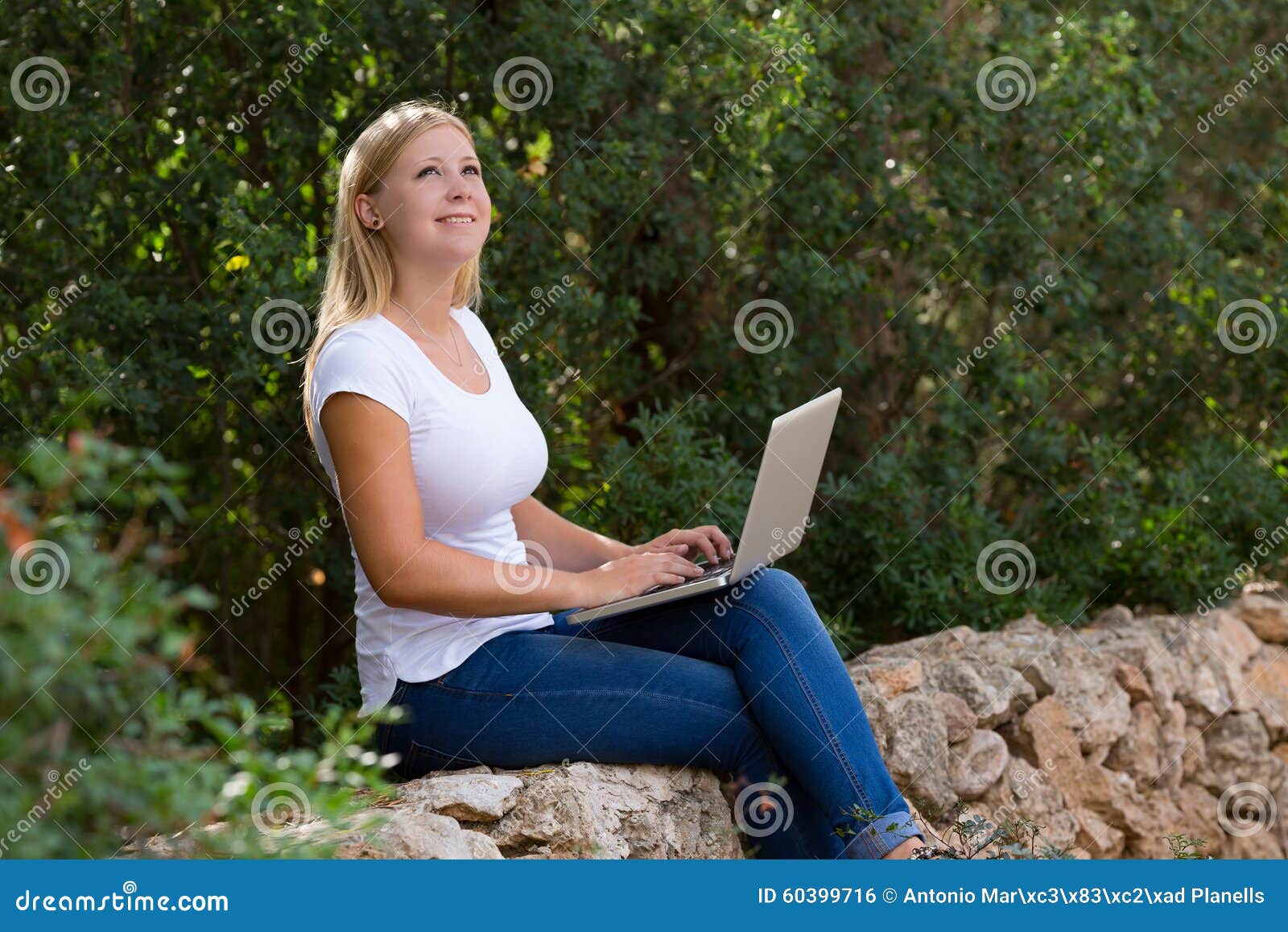 Young Woman Using Laptop Outdoors Stock Photo - Image of female, scene ...