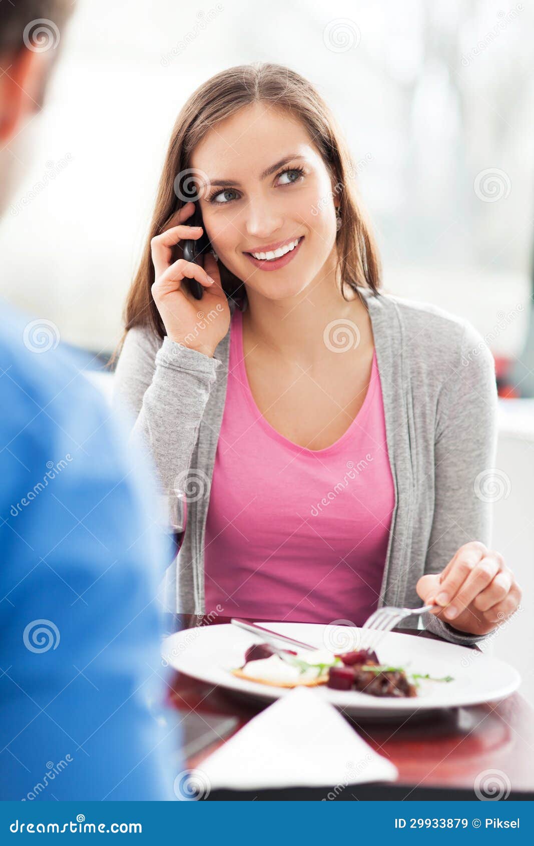 Woman Using Mobile Phone in Restaurant Stock Image - Image of table ...