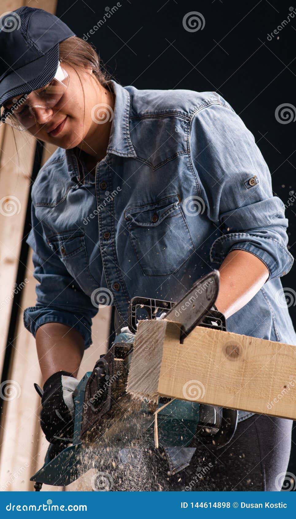 Young Woman Using Modern Electric Saw in the Workshop Stock Photo ... Young Woman Using Modern Electric Saw in the Workshop Stock Photo ...