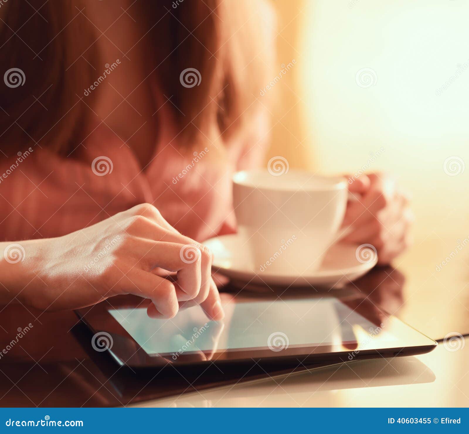 Young Woman Using Tablet Computer in Cafe Stock Image - Image of modern ...