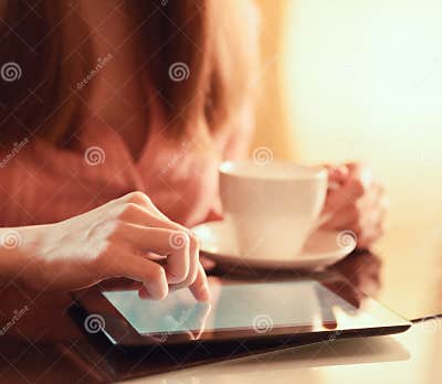 Young Woman Using Tablet Computer in Cafe Stock Image - Image of modern ...