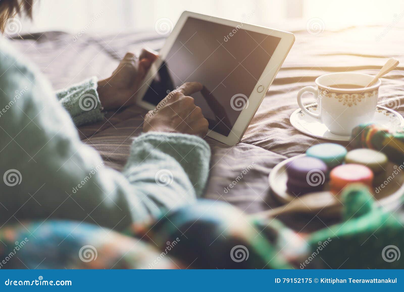 Young Woman Using Tablet at Cozy Home Atmosphere Stock Image - Image of ...