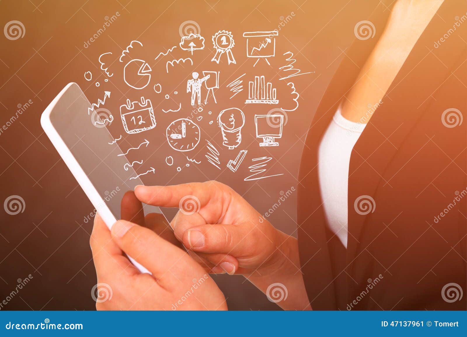 Young Woman Using Tablet Device and Set of Business Sketches. Stock ... Young Woman Using Tablet Device and Set of Business Sketches. Stock ...