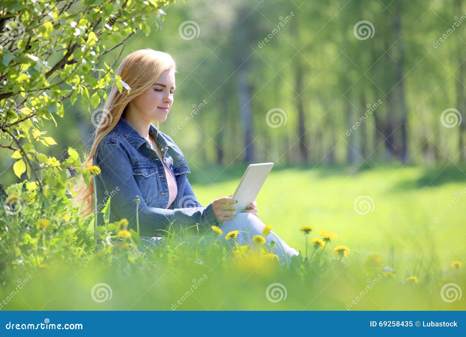 Young Woman Using Tablet in Park Stock Image - Image of flower ...