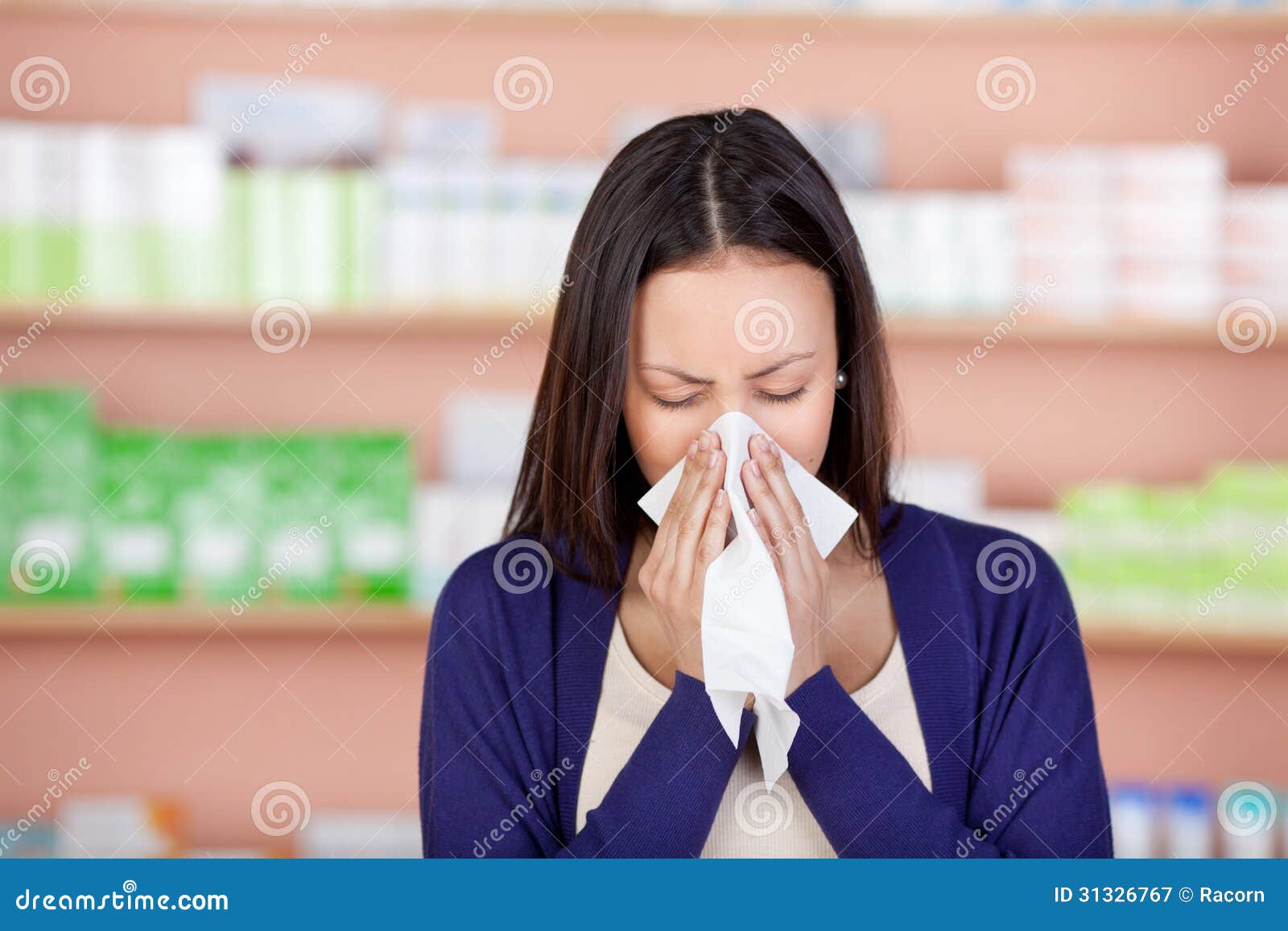 Young Woman Using Tissue in Pharmacy Stock Image - Image of pharmacy ...