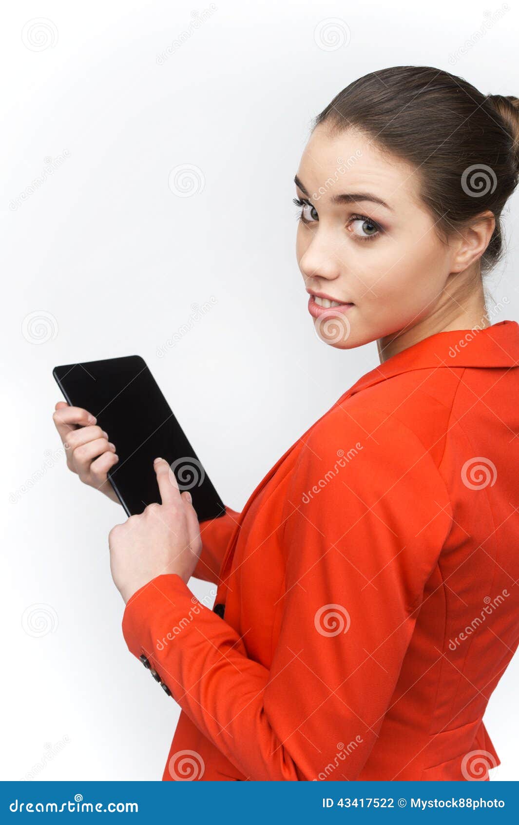 Young Woman Using Touch Pad on White Background. Stock Photo - Image of ...