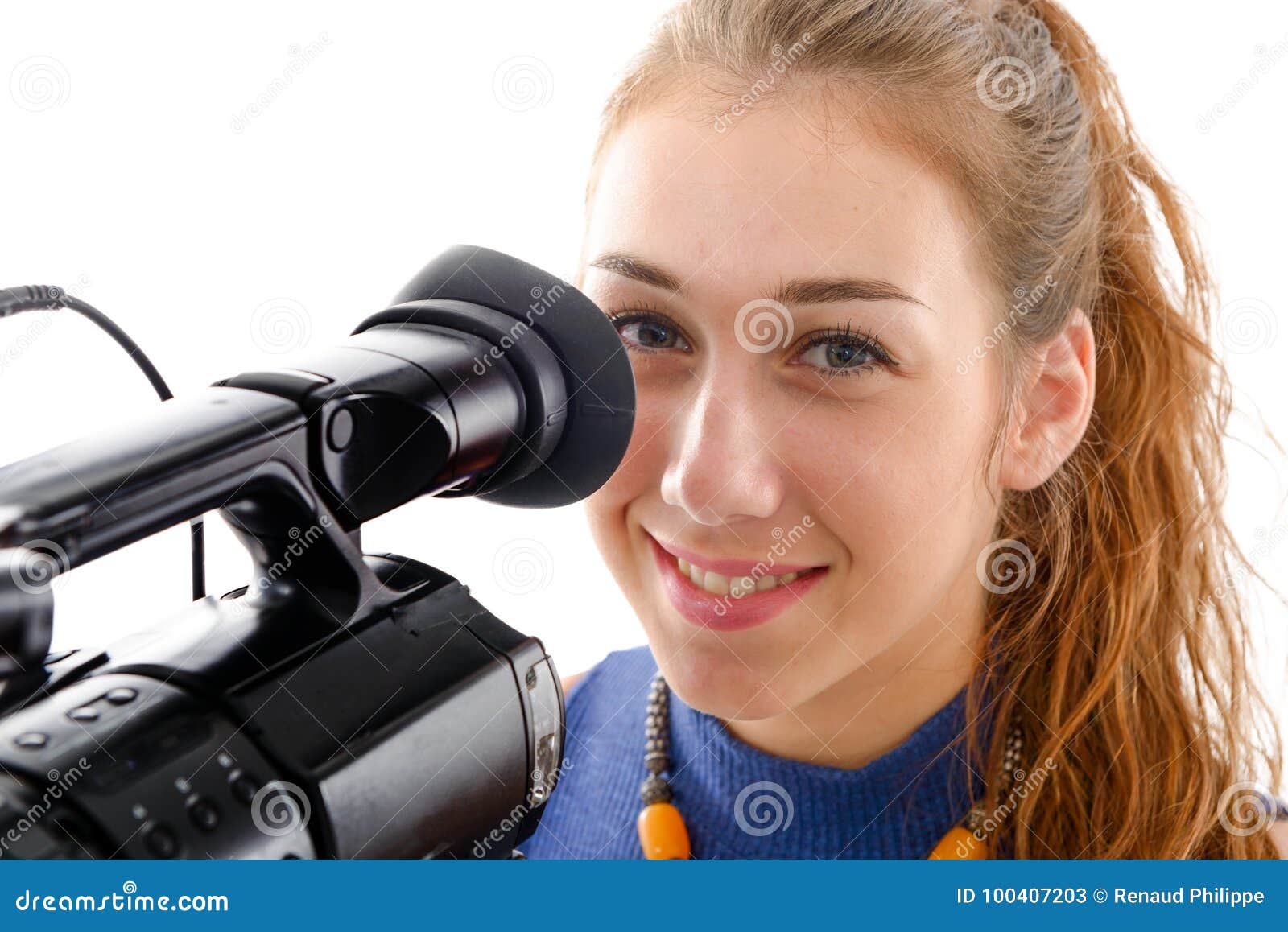 Young Woman with a Video Camera, on White Background Stock Image ...