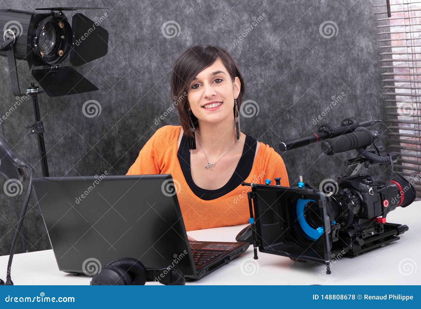 Young Woman Video Editor Working in Studio Stock Photo - Image of desk ...