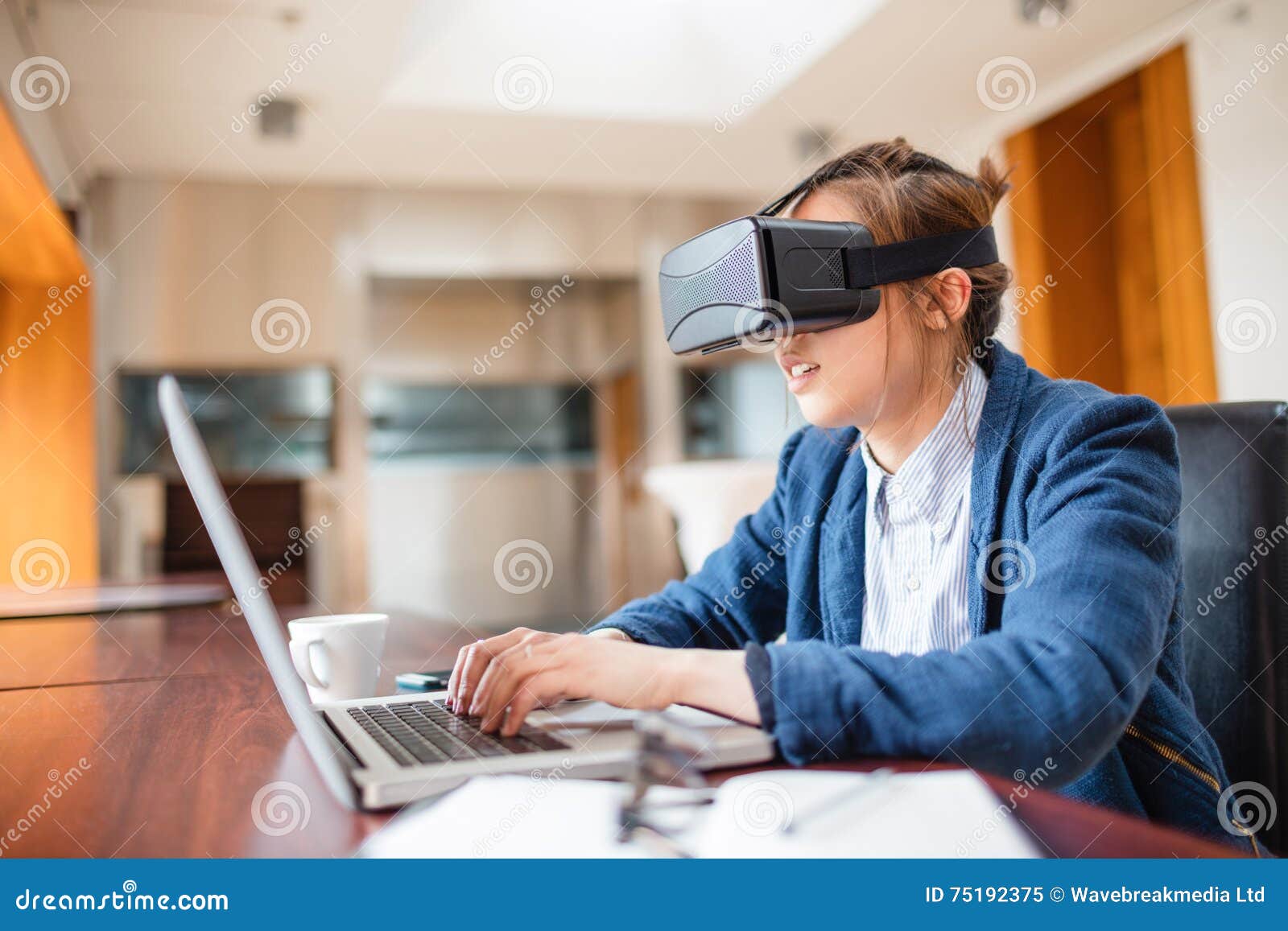 Young Woman in Virtual Reality Glasses Using Laptop Stock Image - Image ...