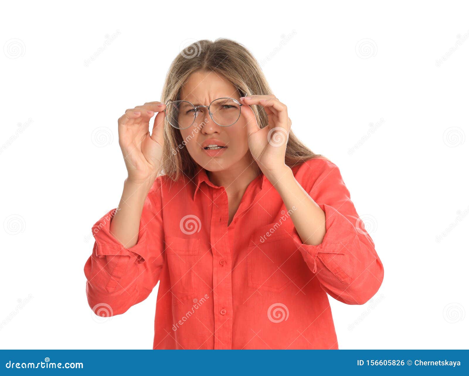 Young Woman with Vision Problems Wearing on White Background Stock ...