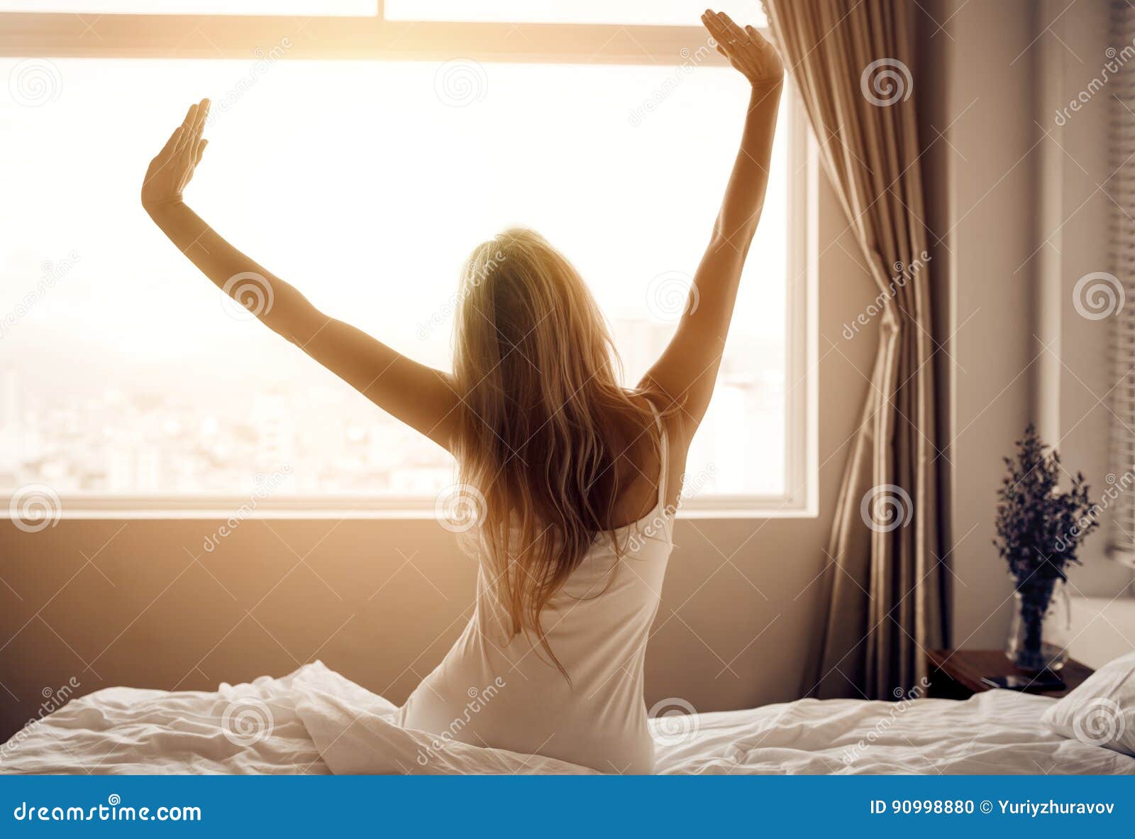 Woman Wake Up Hotel Room Young Girl Lying On Bed Morning Stock