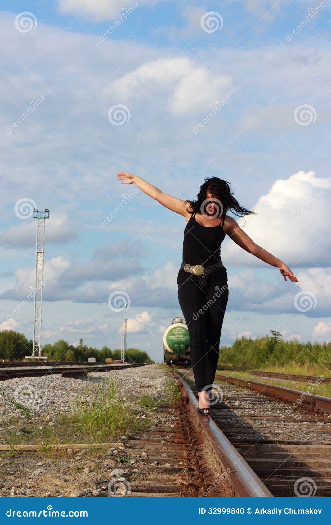Young Woman Walking on a Railroad Stock Photo - Image of glamour ...