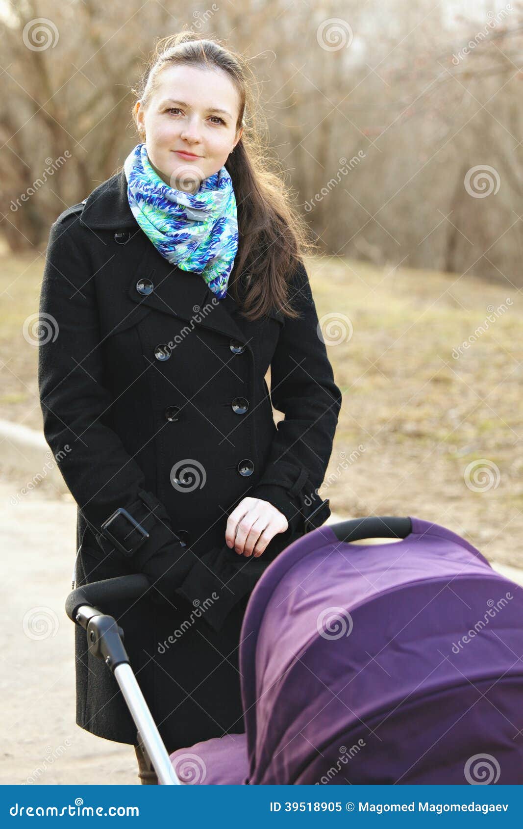 Young Woman Walking with Stroller Stock Image - Image of mother, coat ...