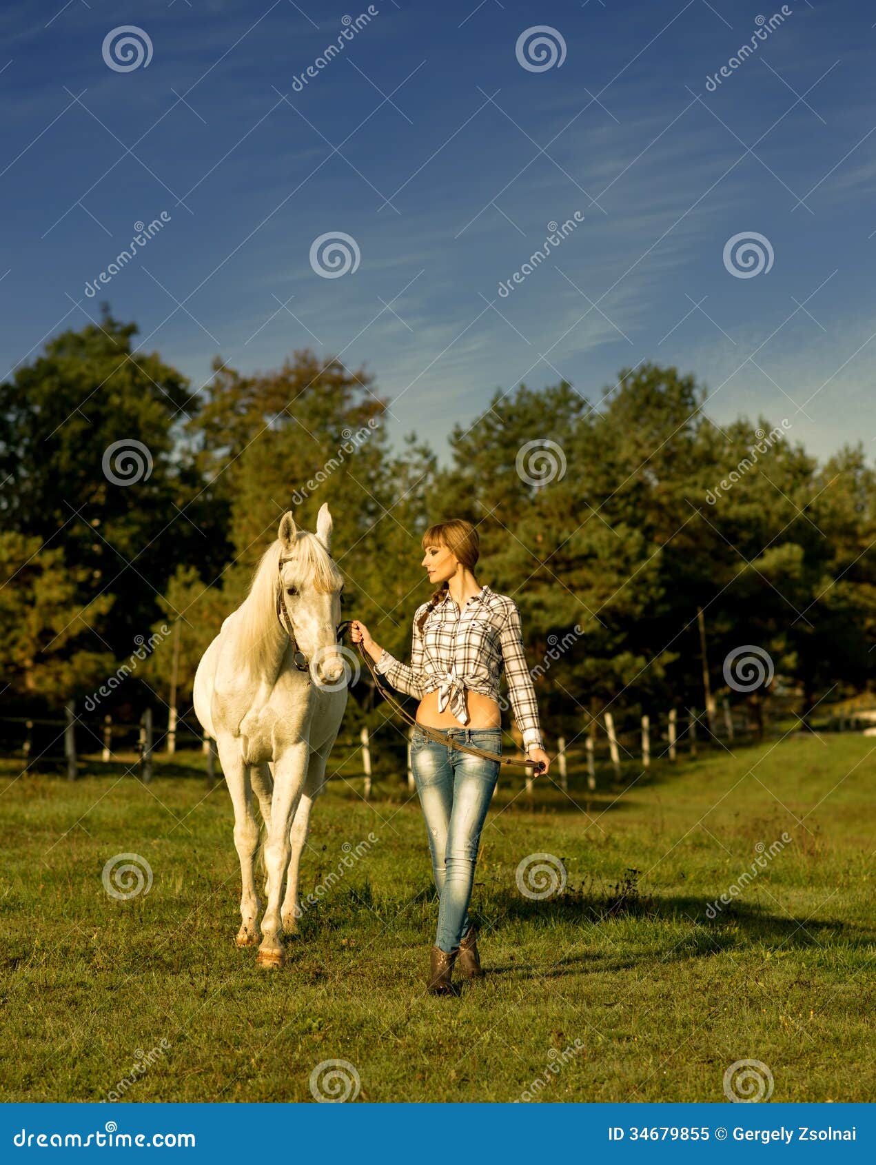 Young Woman Walking on a White Horse at the Ranch Stock Image - Image ...