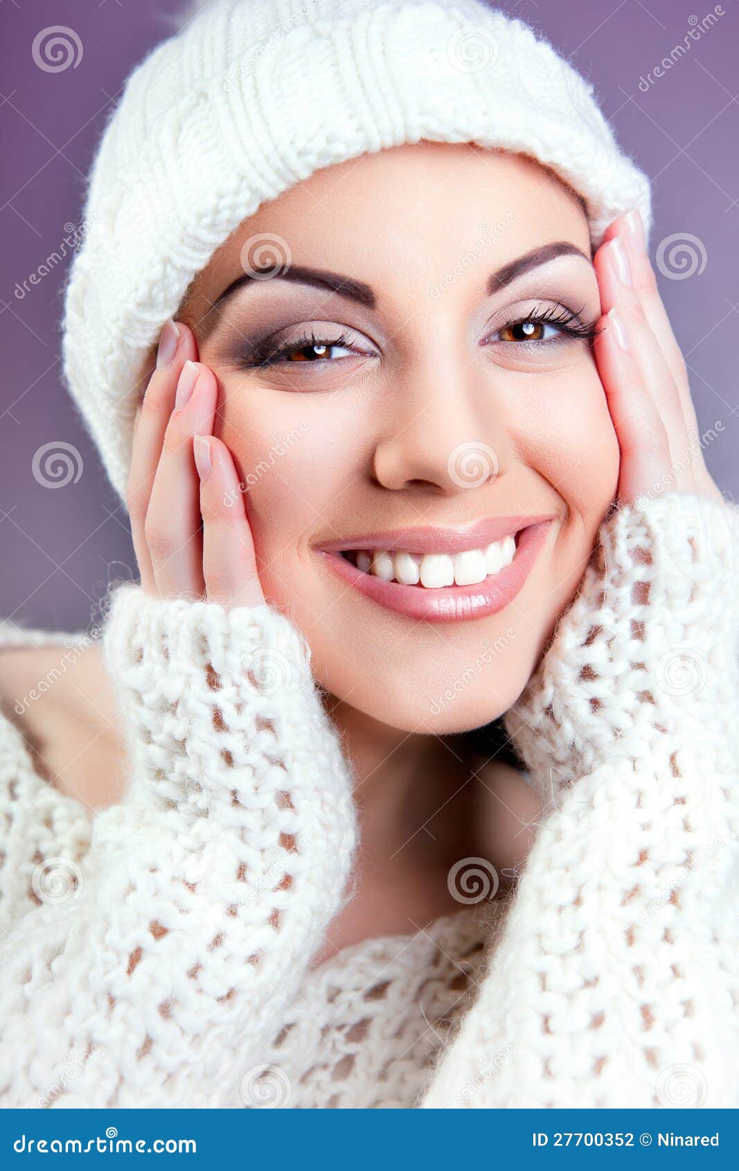 Young Woman in Warm Clothing. White. Stock Photo - Image of face ...