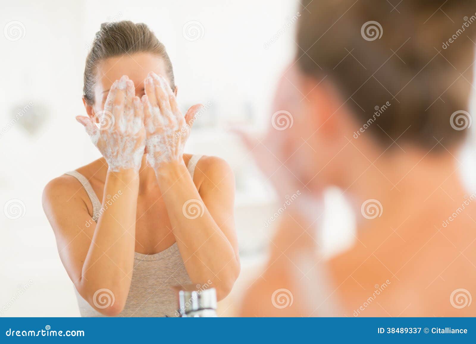 Young Woman Washing Face in Bathroom Stock Image - Image of washes ...