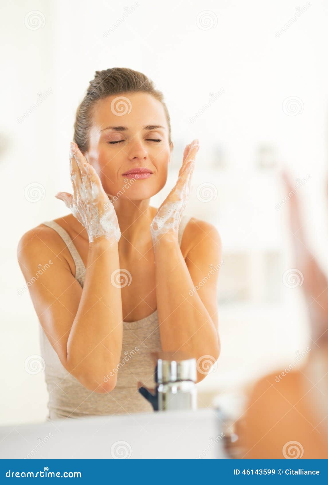 Young Woman Washing Face in Bathroom Stock Image - Image of health ...