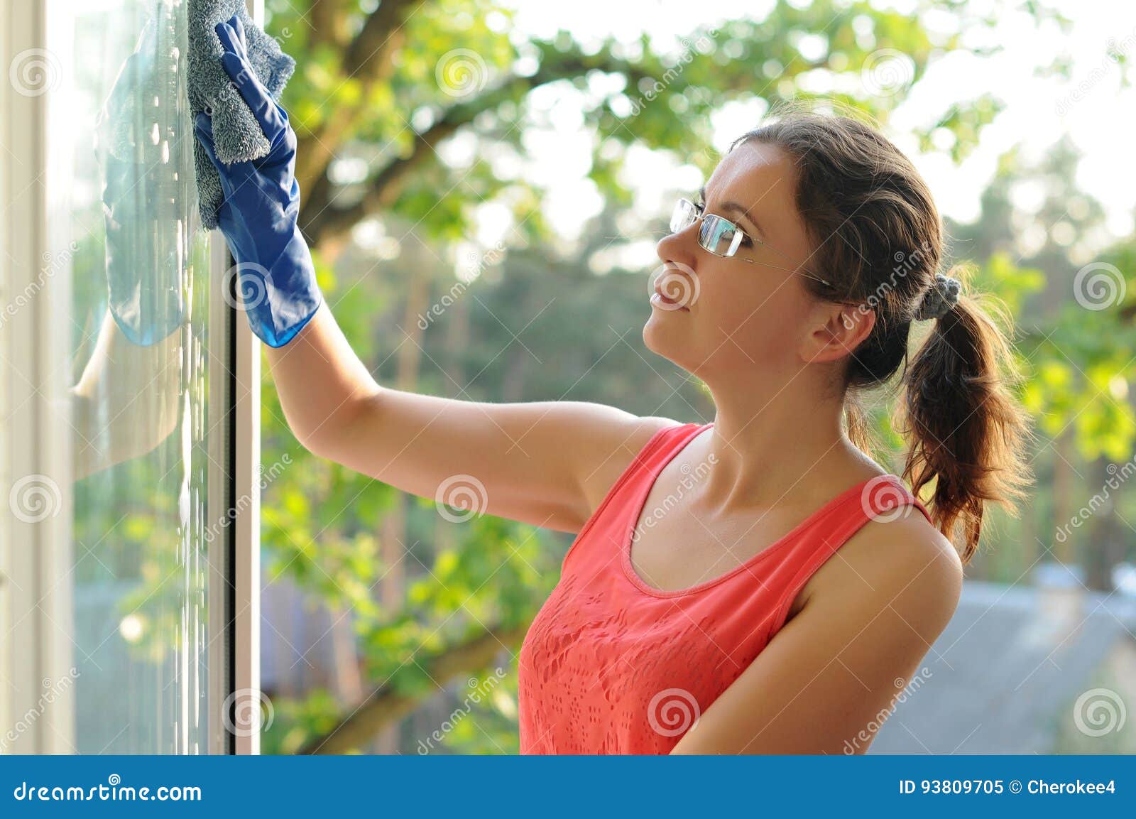 Young Woman Washing Windows. Stock Image - Image of life, liquid: 93809705