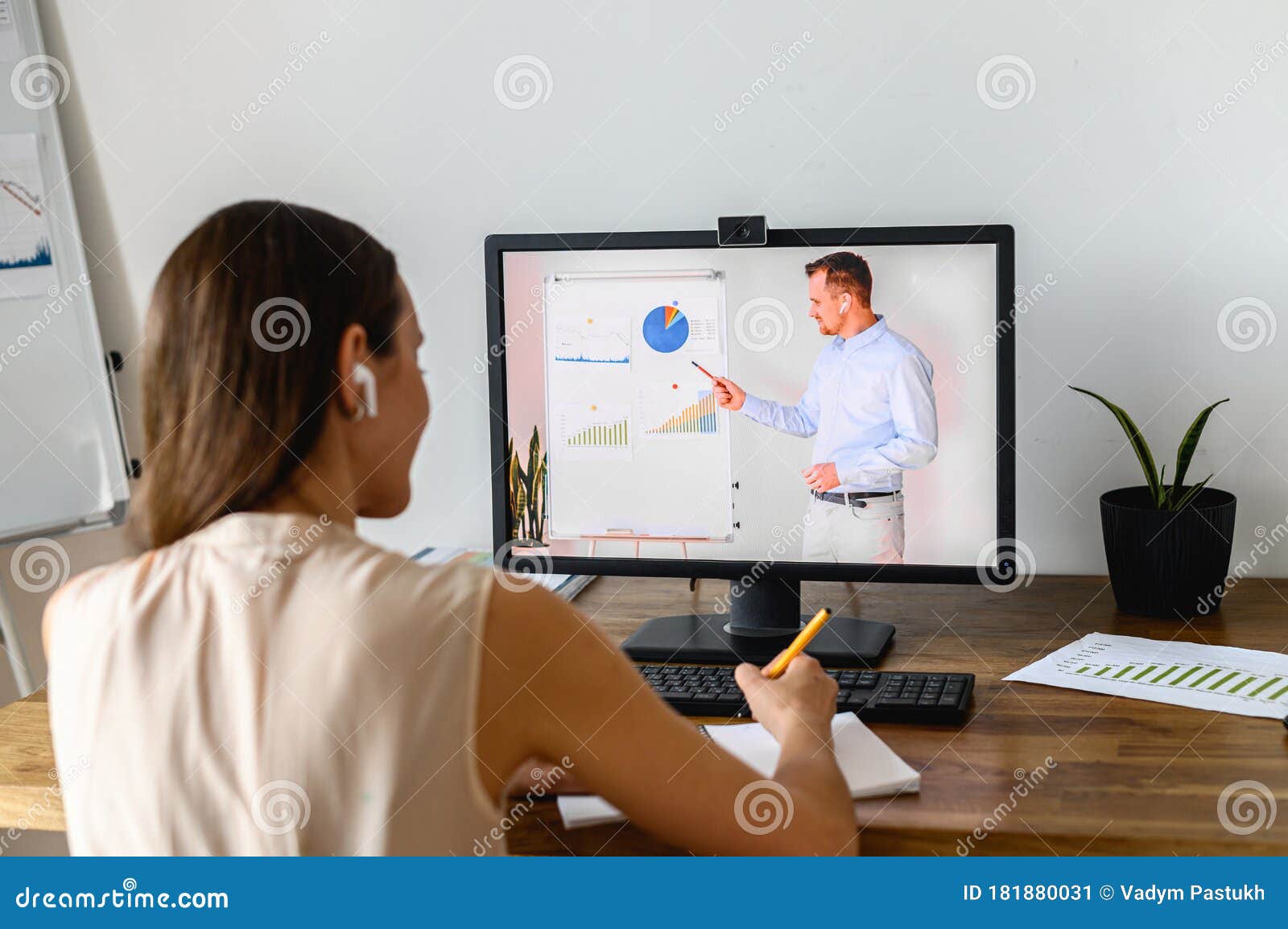 A Young Woman is Watching Webinar on Pc Screen Stock Image - Image of ...