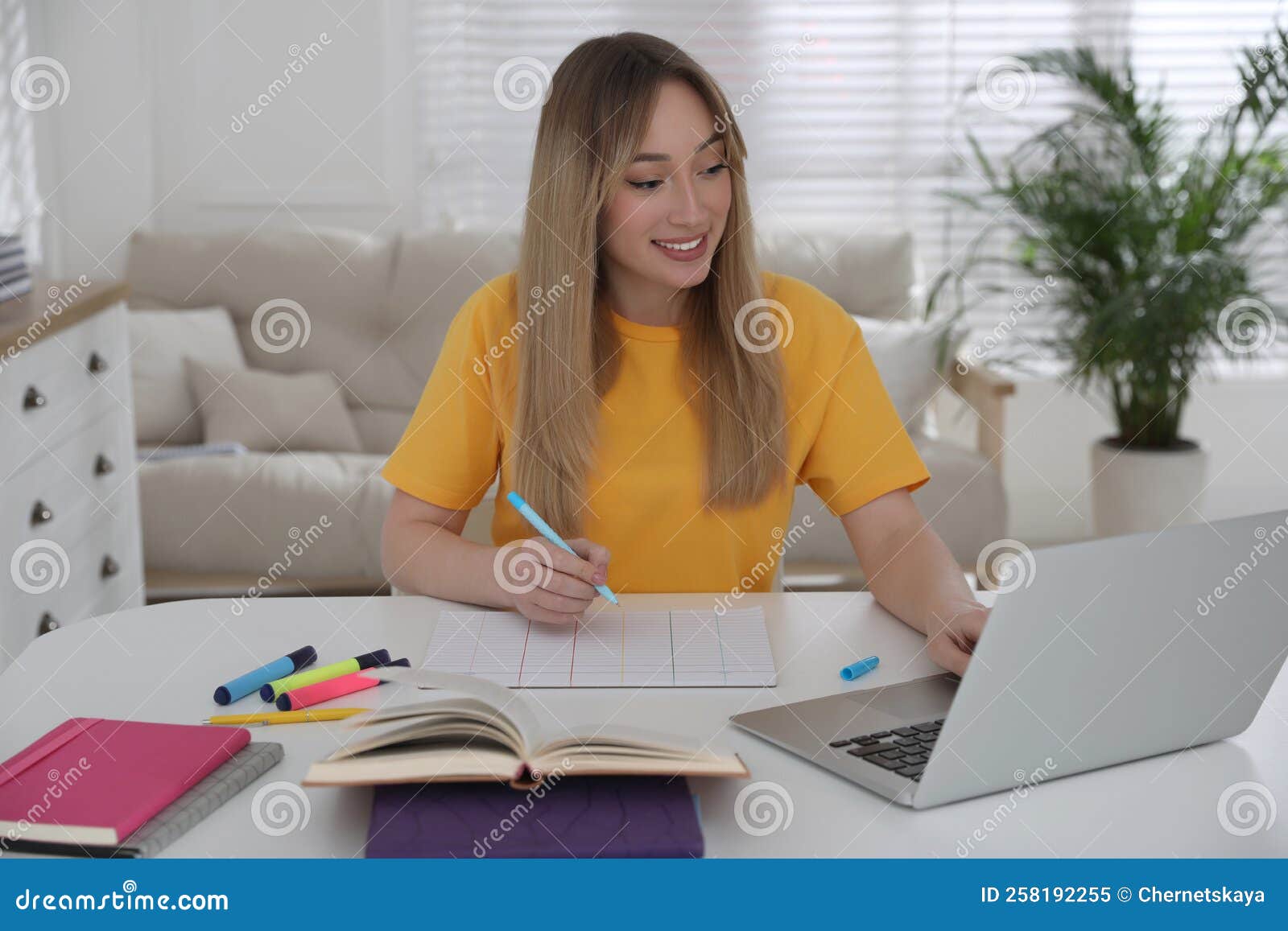 Young Woman Watching Webinar at Table in Room Stock Image - Image of learn, copybook: 258192255