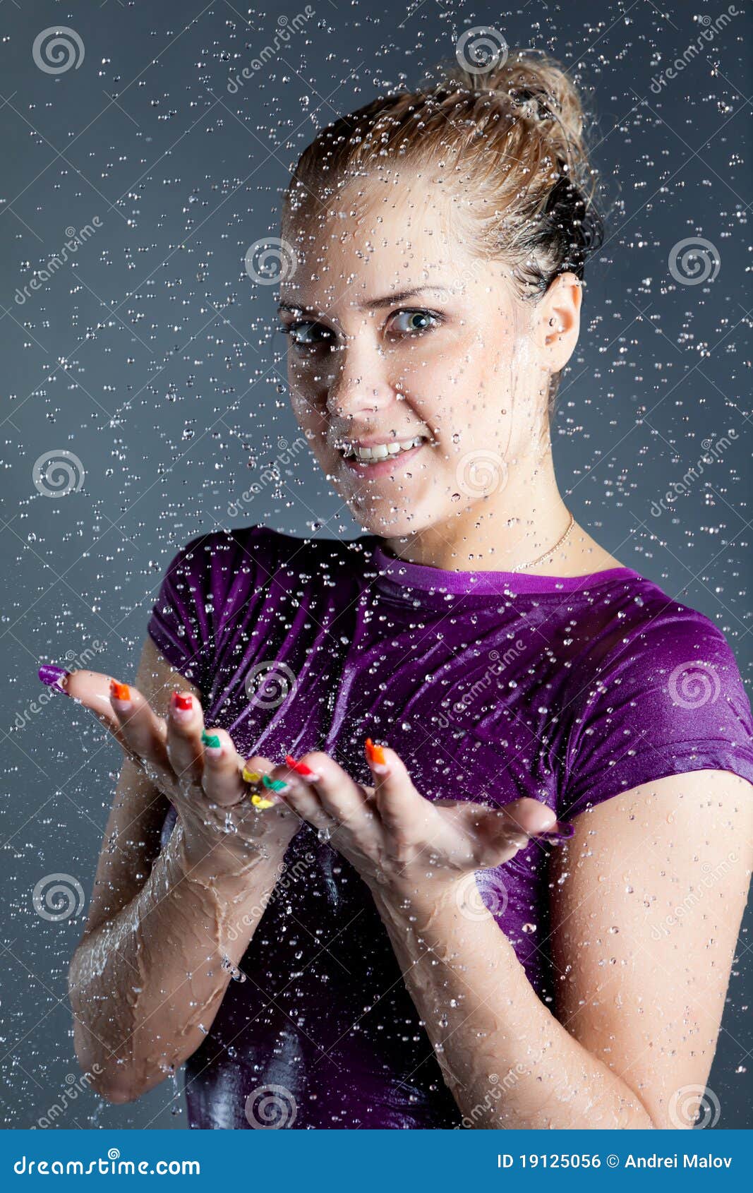Young Woman in Water Splashes and Droplets Stock Photo - Image of ...