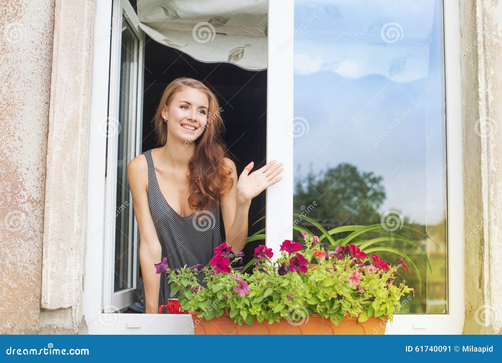 Young Woman Waving from the Window Stock Image - Image of beauty ...