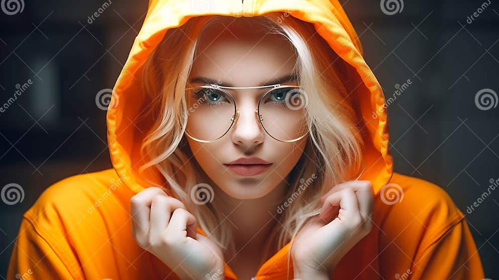 Young Woman Wear Glasses In Orange Hoodie Generative Ai Stock