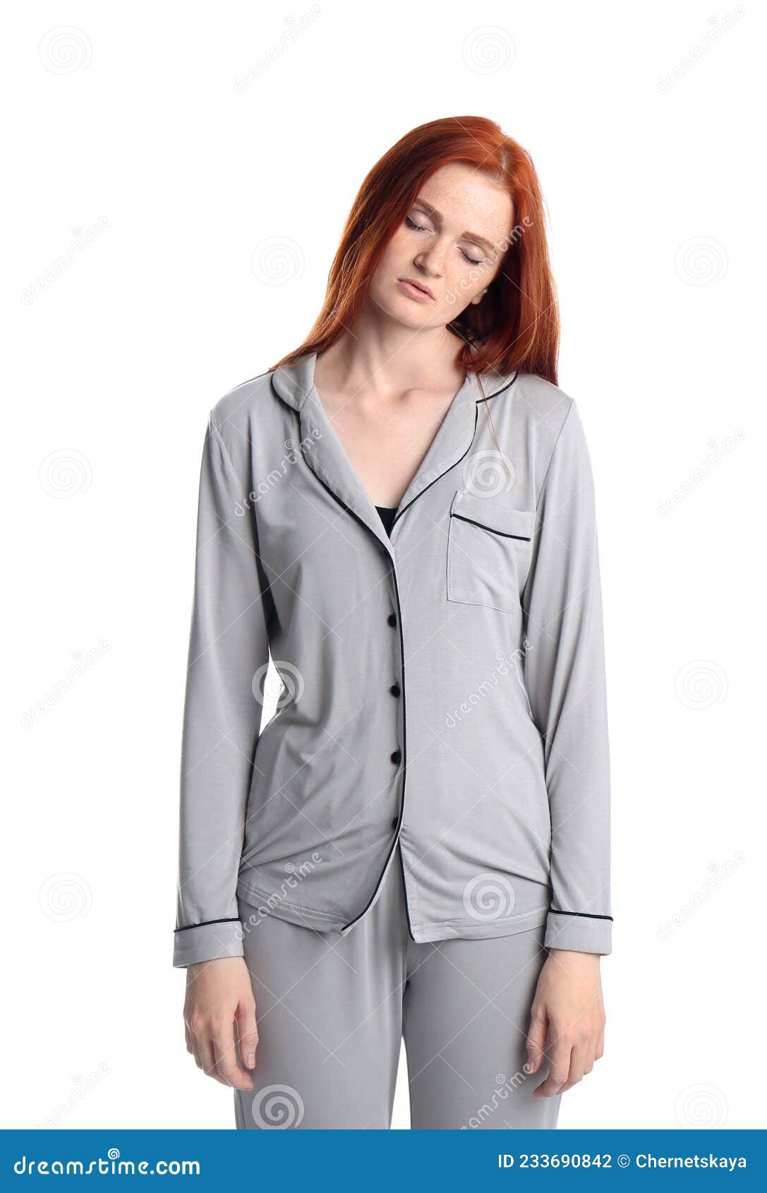 Young Woman Wearing Pajamas in Sleepwalking State on White Background ... Young Woman Wearing Pajamas in Sleepwalking State on White Background ...