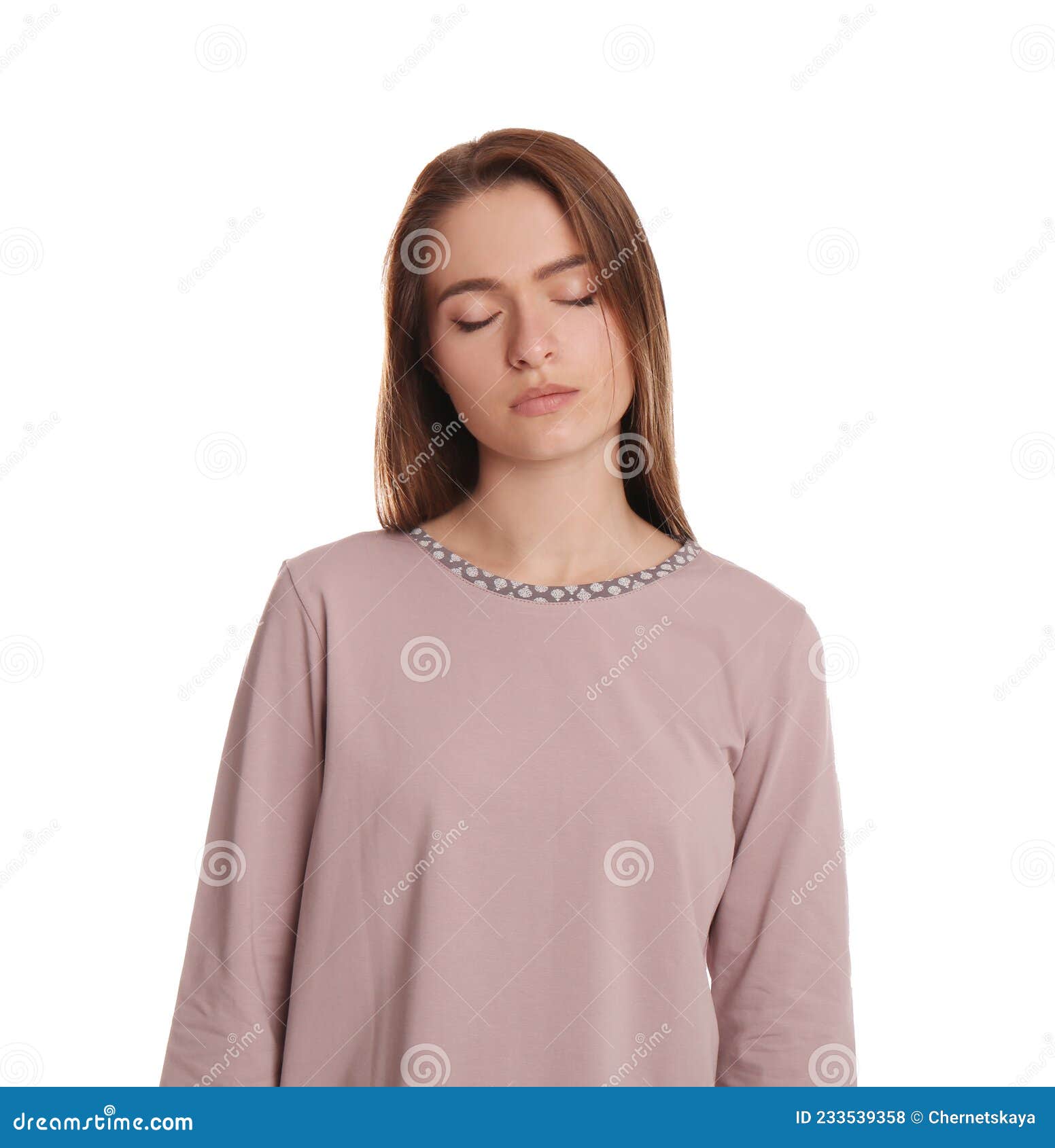 Young Woman Wearing Pajamas in Sleepwalking State on White Background ... Young Woman Wearing Pajamas in Sleepwalking State on White Background ...