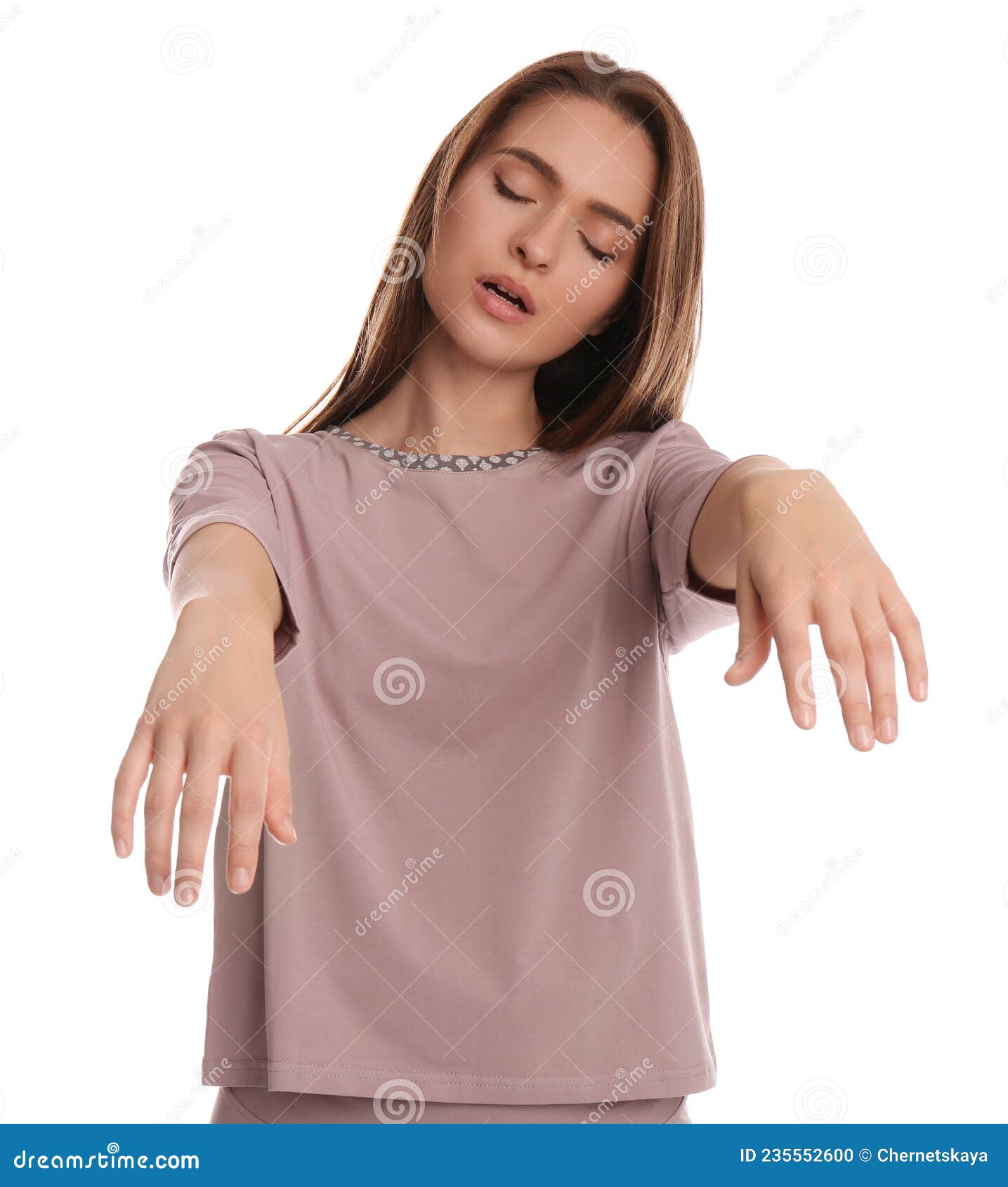 Young Woman Wearing Pajamas in Sleepwalking State on White Background ... Young Woman Wearing Pajamas in Sleepwalking State on White Background ...