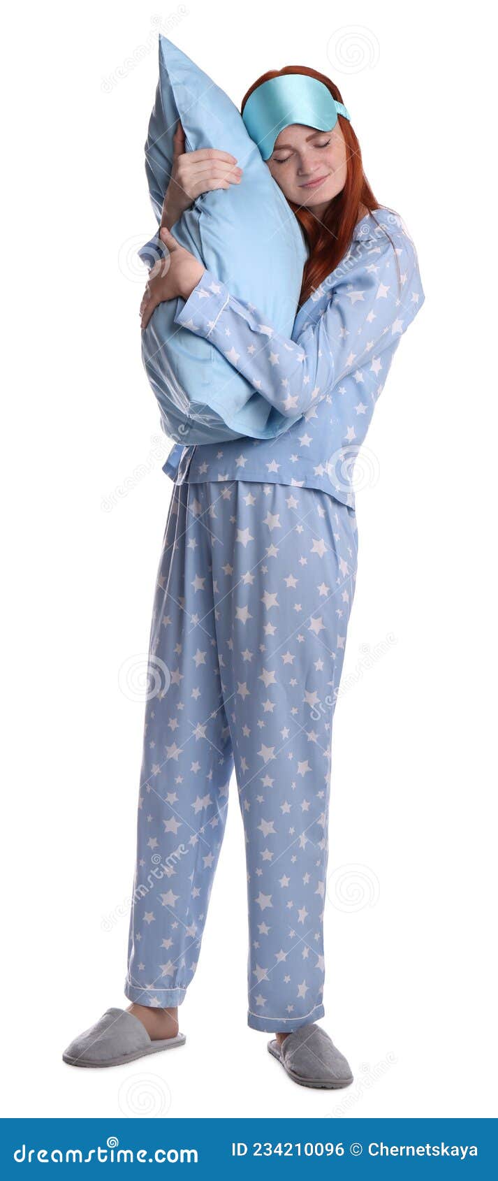 Young Woman Wearing Pajamas and Slippers with Pillow in Sleepwalking ... Young Woman Wearing Pajamas and Slippers with Pillow in Sleepwalking ...