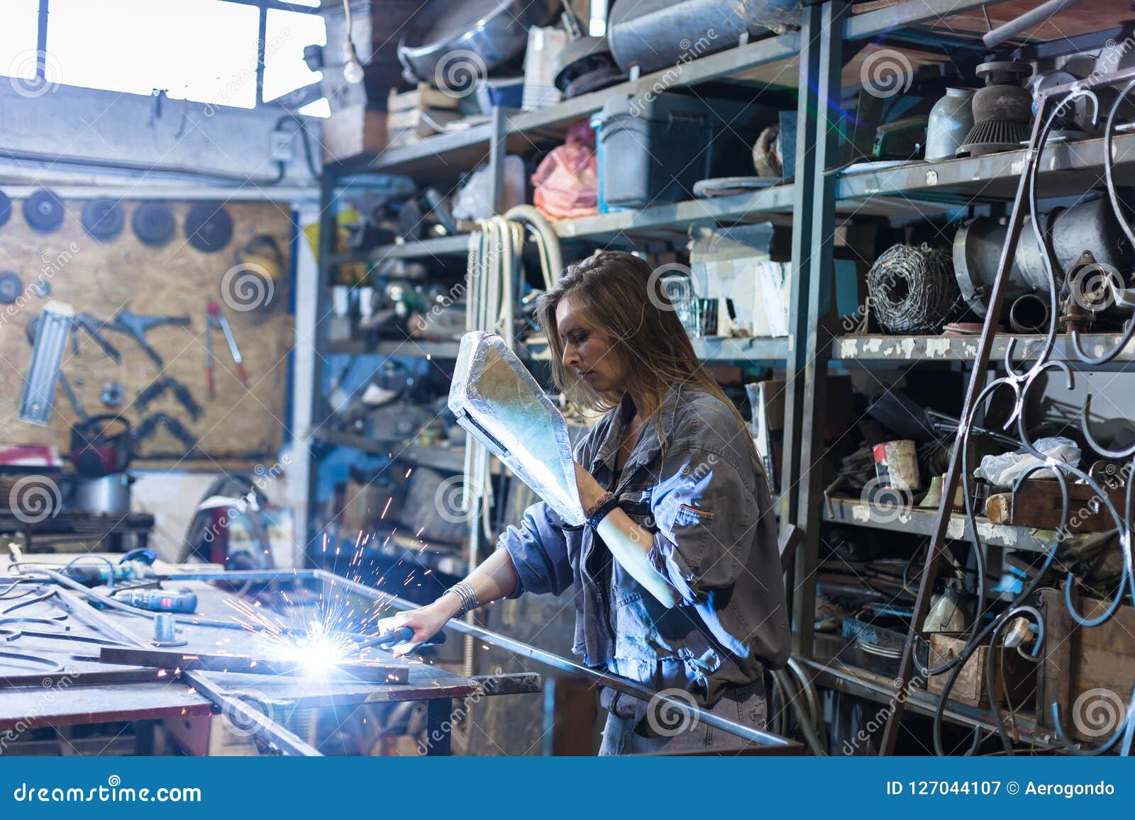 Young Woman Welding in Workshop Stock Image - Image of industry ...
