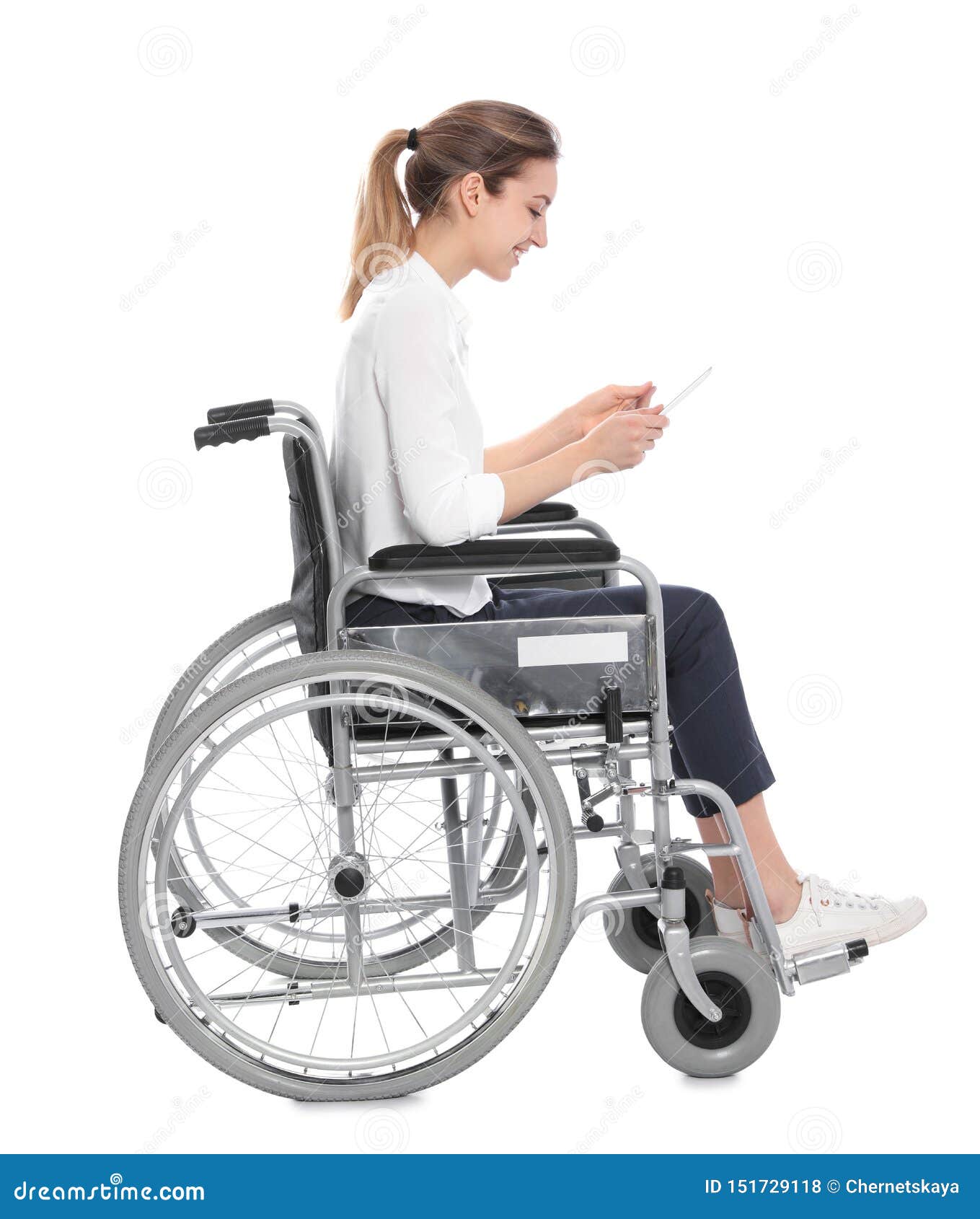 Young Woman in Wheelchair Using Tablet Isolated Stock Photo - Image of ...