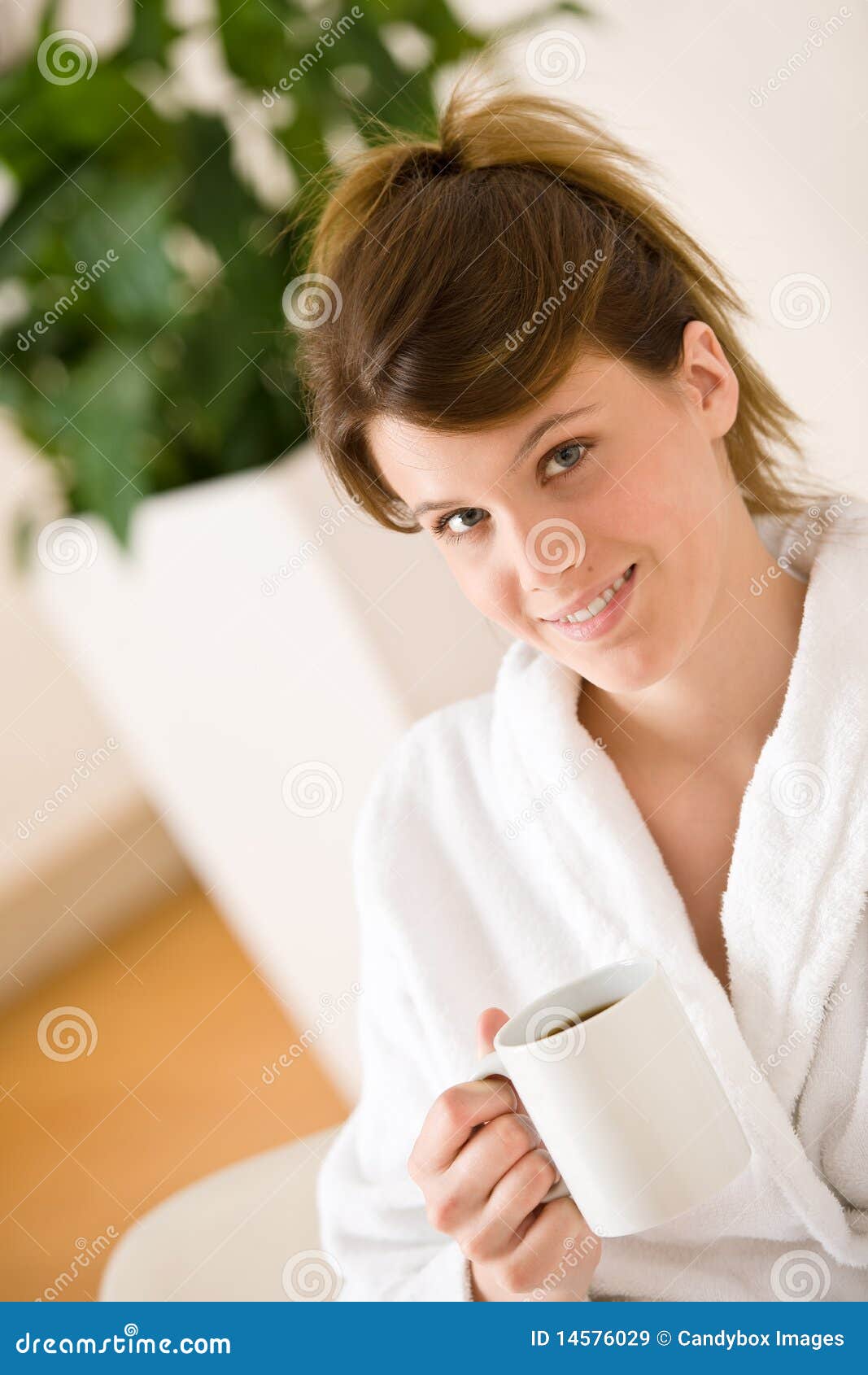 Young Woman in White Bathrobe with Coffee Stock Image - Image of ...