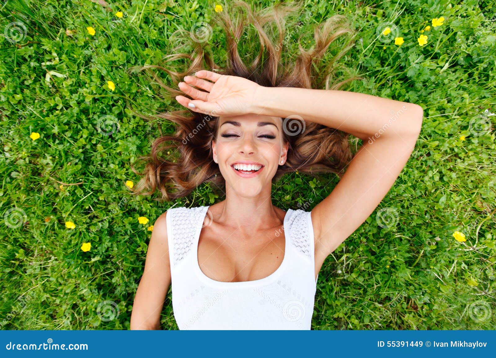 Young Woman In White Dress Lying On Grass Stock Image Image Of Lying