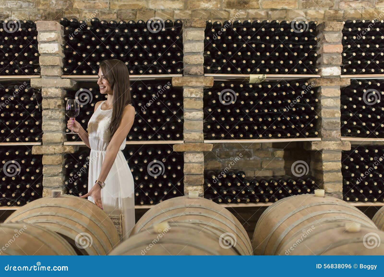 Young Woman in the Wine Cellar Stock Photo - Image of wine, barrel ...