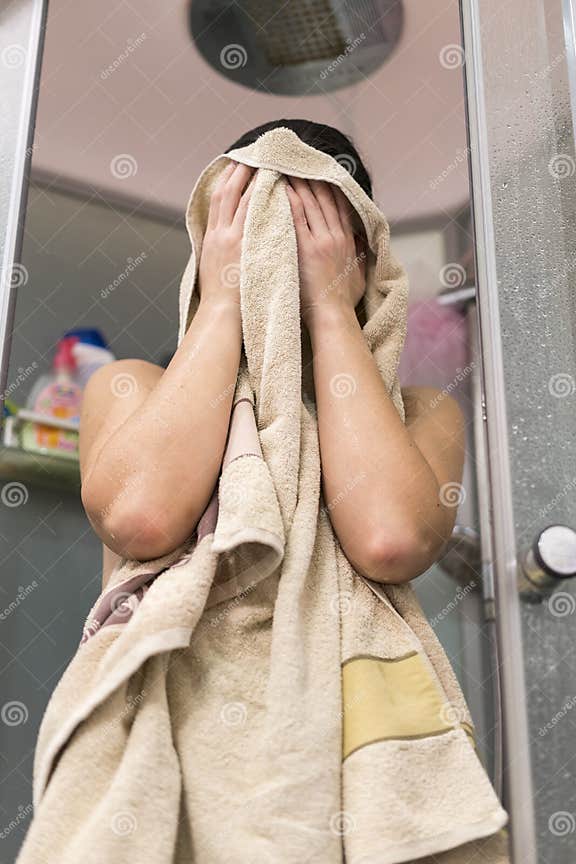 Young Woman Wipes After A Shower Woman Wiping Herself With Towel After