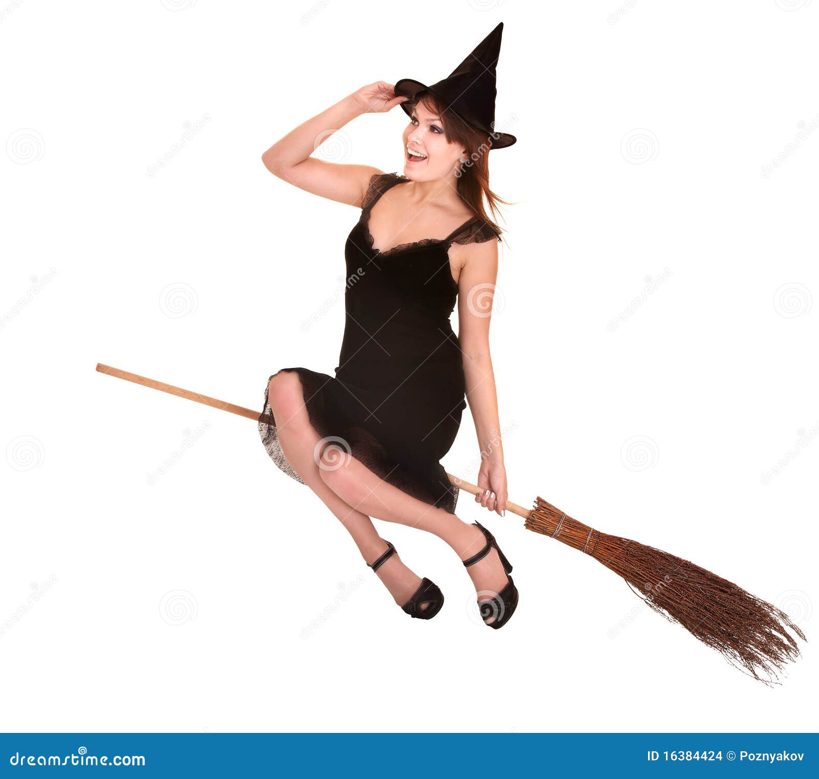 Young Woman Witch Fly on Broom. Stock Photo - Image of magic ...