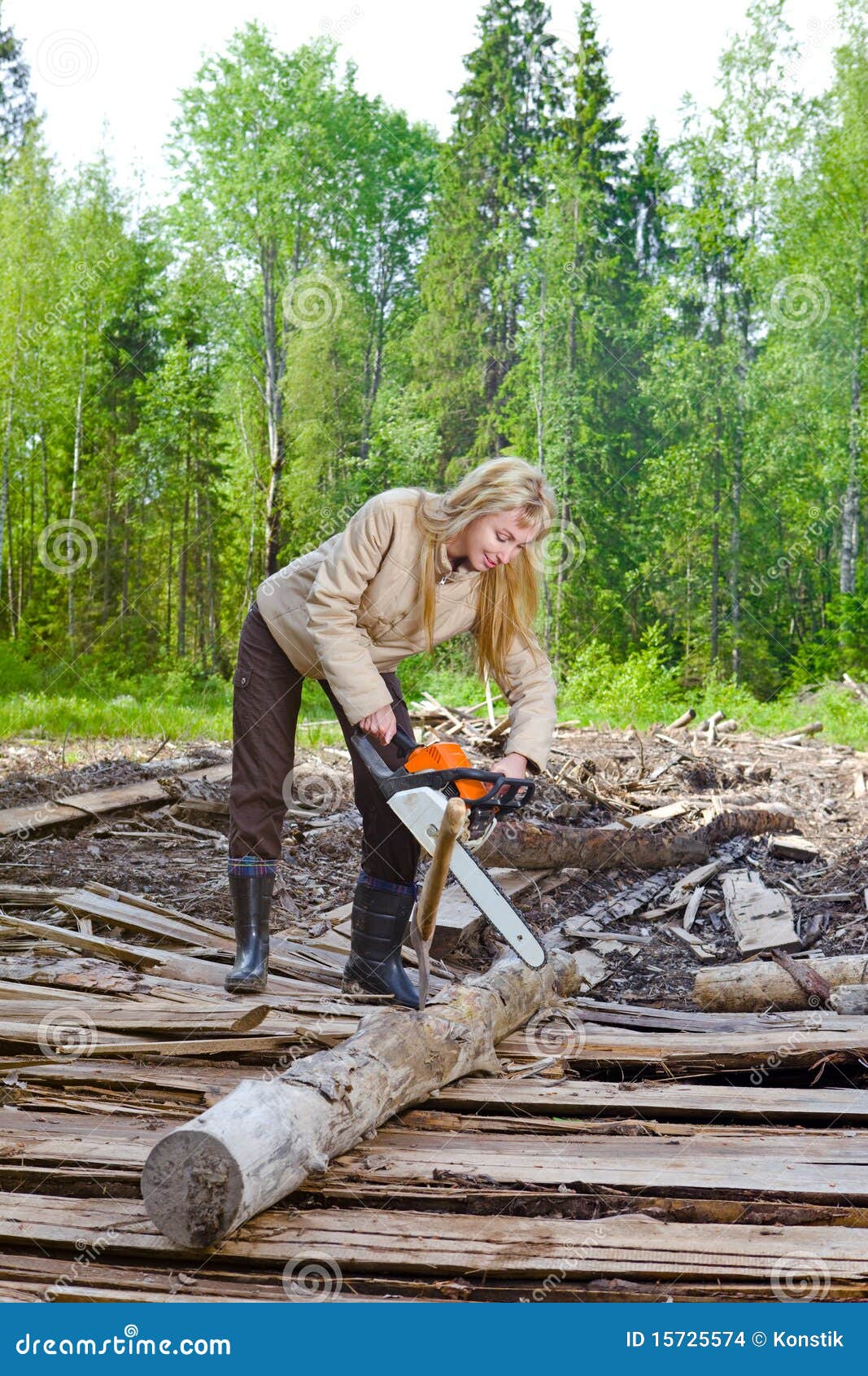 The Young Woman in Wood Saws a Tree a Chain Saw Stock Photo - Image of ...