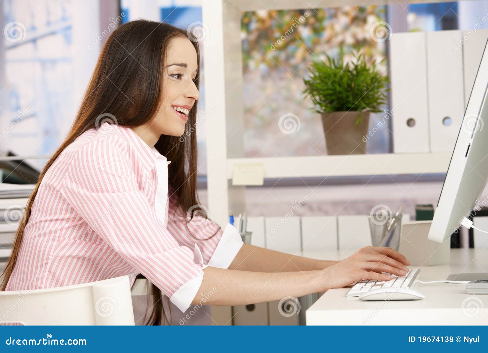 Young Woman Working on Computer at Office Stock Photo - Image of laugh ...