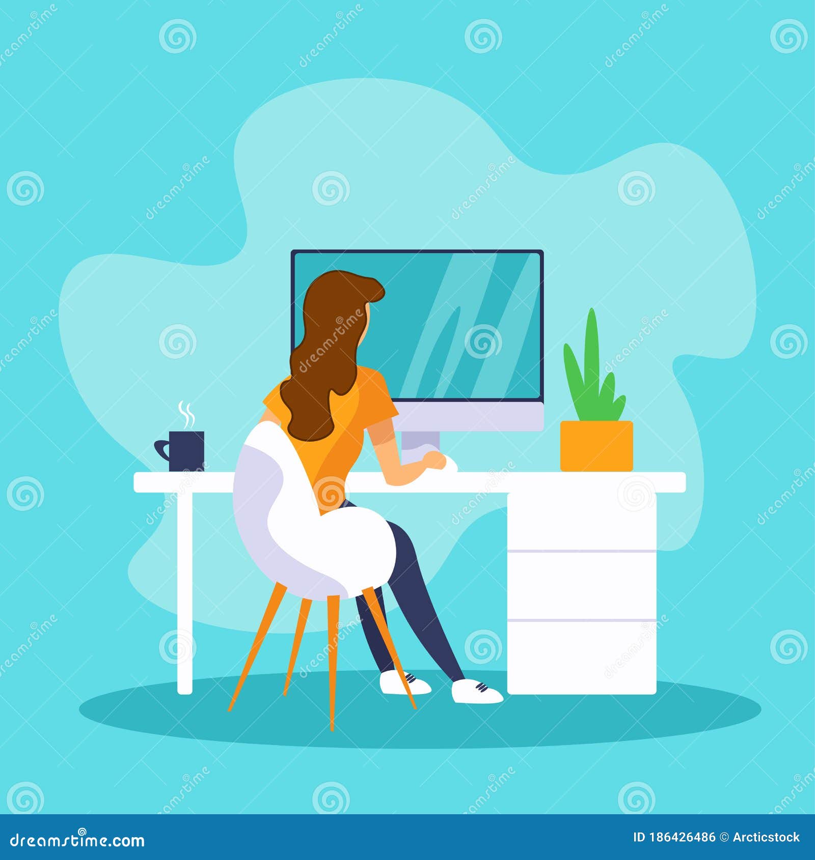 Young Woman Working on a Computer. Woman Sitting at the Table Back View ...