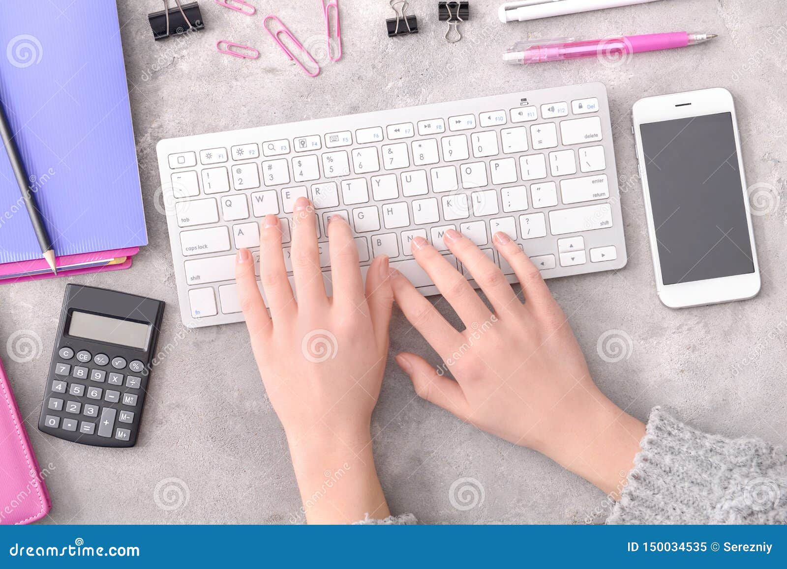 Young Woman Working with Computer at Table, Top View. Modern Workplace ...
