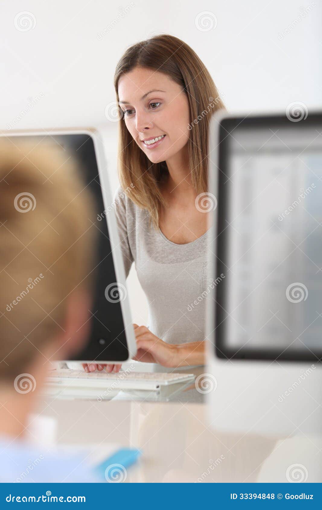 Young Woman Working in Computers Room Stock Photo - Image of office ...