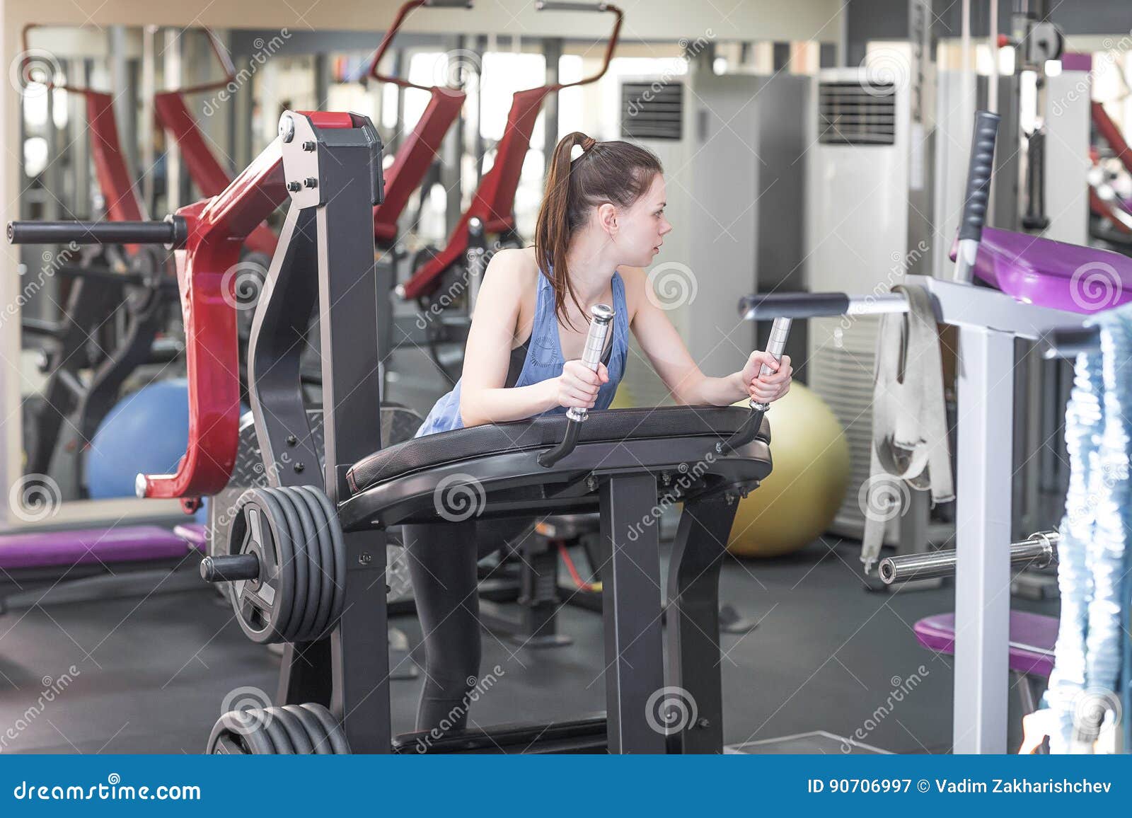 Young Woman Working Her Quads at Machine Press in the Gym Stock Image ...
